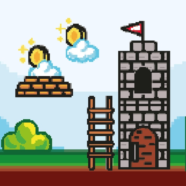 Whimsical Pixel Art Landscape with Castle and Ladders | Jiffy Designs