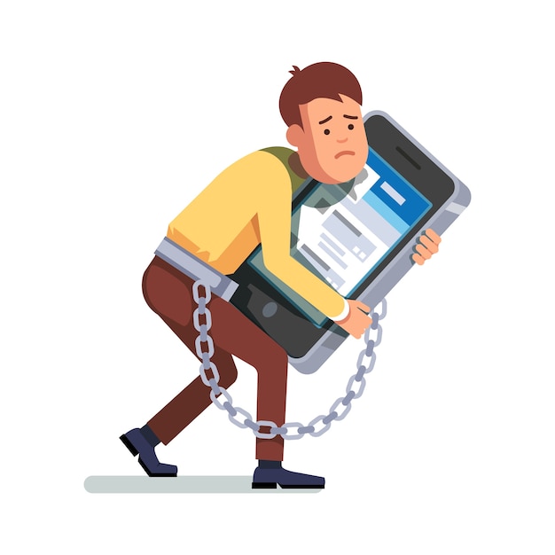 Chained to Technology: Man Burdened by Oversized Smartphone ...