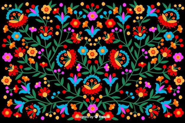 Vibrant Mexican Folk Art Floral Pattern on Black Background | Jiffy Designs