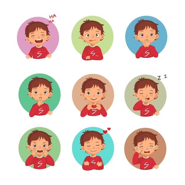 Cheerful Boy Expressing Diverse Emotions in Vibrant Circles | Jiffy Designs