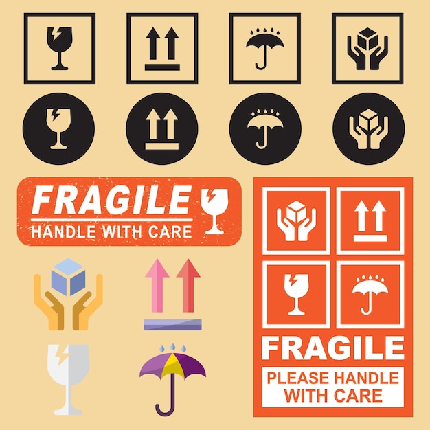 Fragile Packaging Symbols and Caution Icons on Beige Background | Jiffy ...
