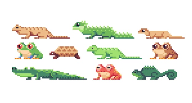 Vibrant Pixel Art Collection of Diverse Reptiles and Amphibians | Jiffy ...