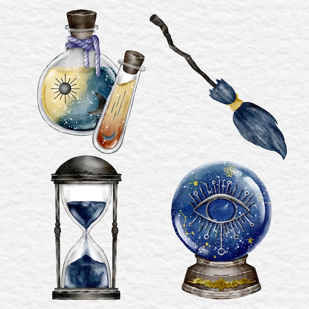 Watercolor Magic Collection: Potions, Broomstick, Hourglass, Crystal ...