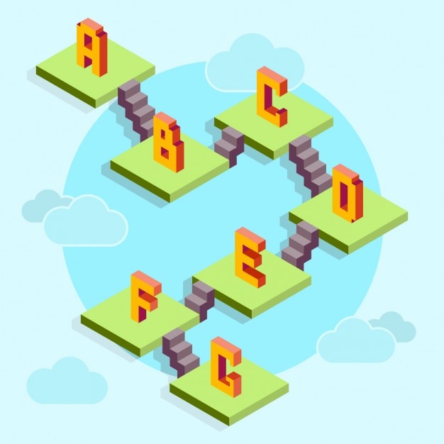 Vibrant Isometric Alphabet Letters on Colorful Platforms in Clouds ...