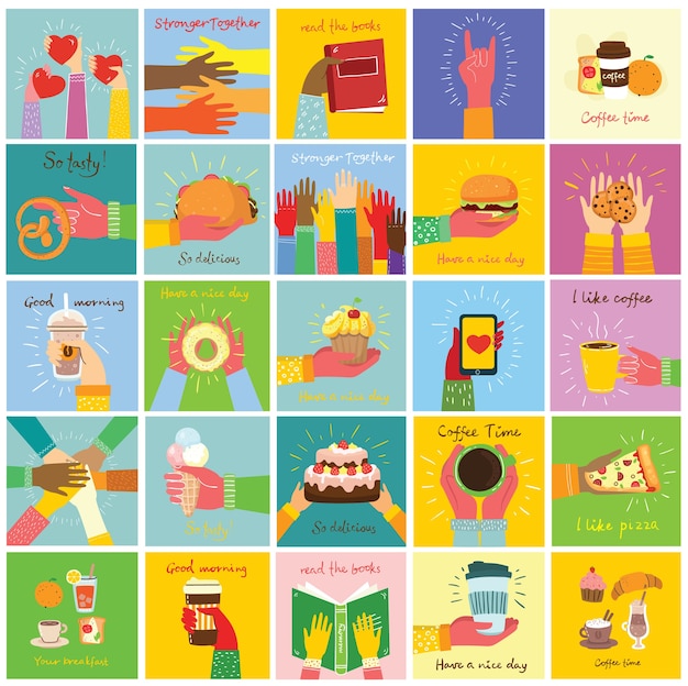 Vibrant Collection of Diverse Hands and Food-Themed Icons | Jiffy Designs