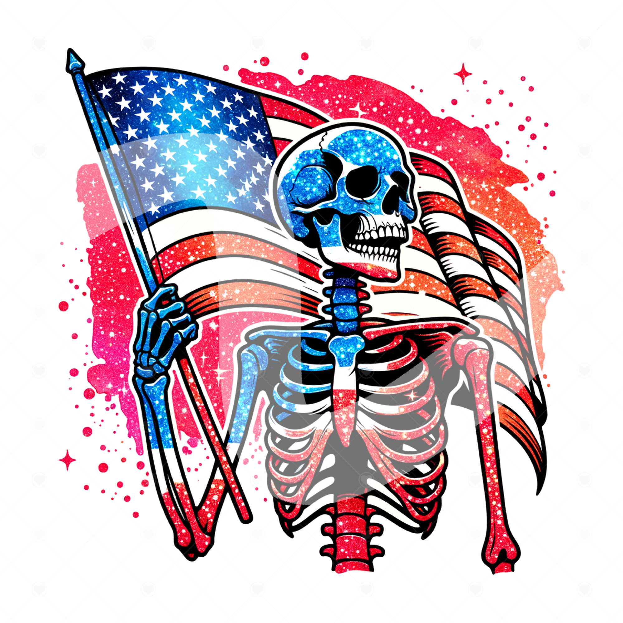 Patriotic Skeleton Waving American Flag in Vibrant Watercolor Splashes ...