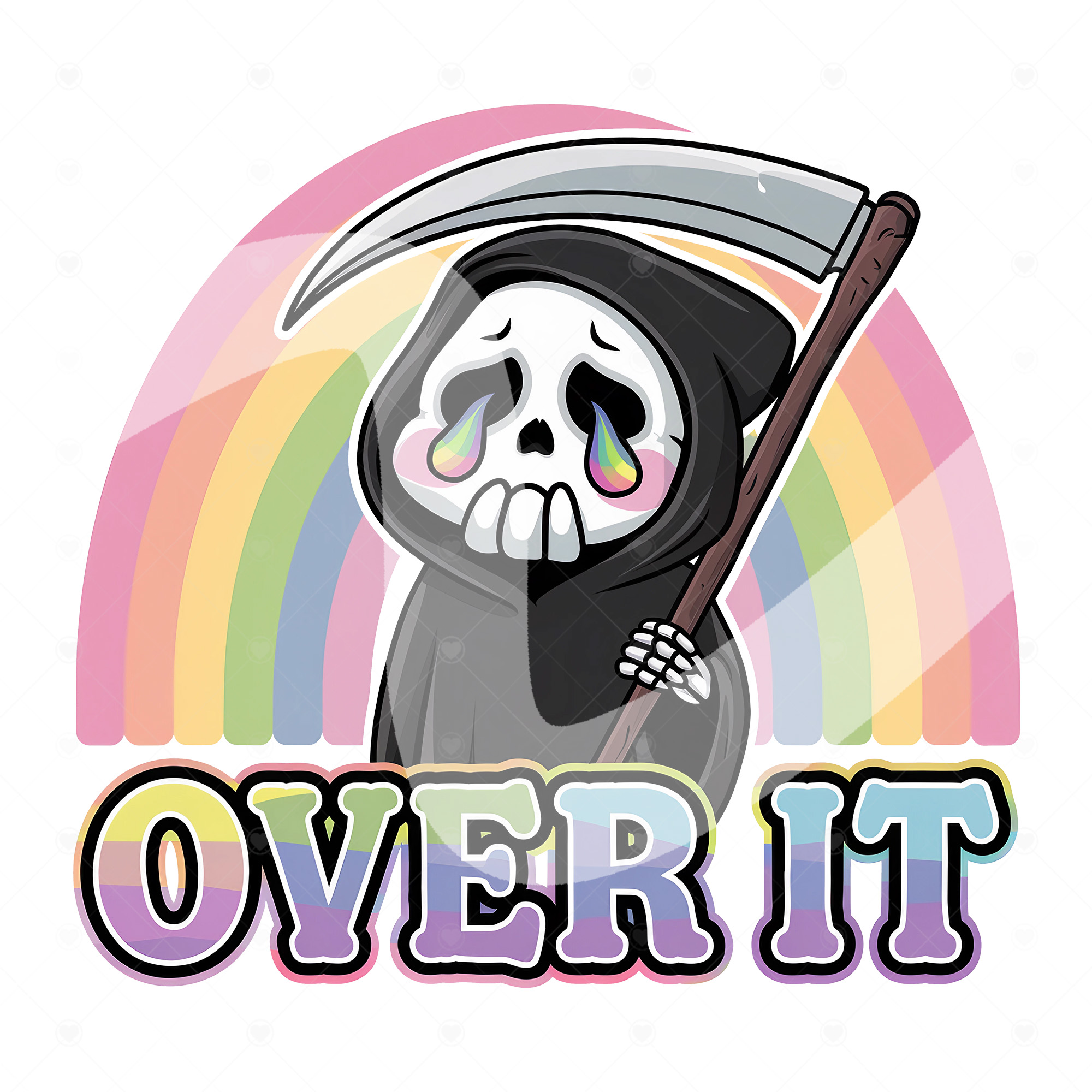 'Over It' Cute Grim Reaper with Scythe Against Pastel Rainbow ...