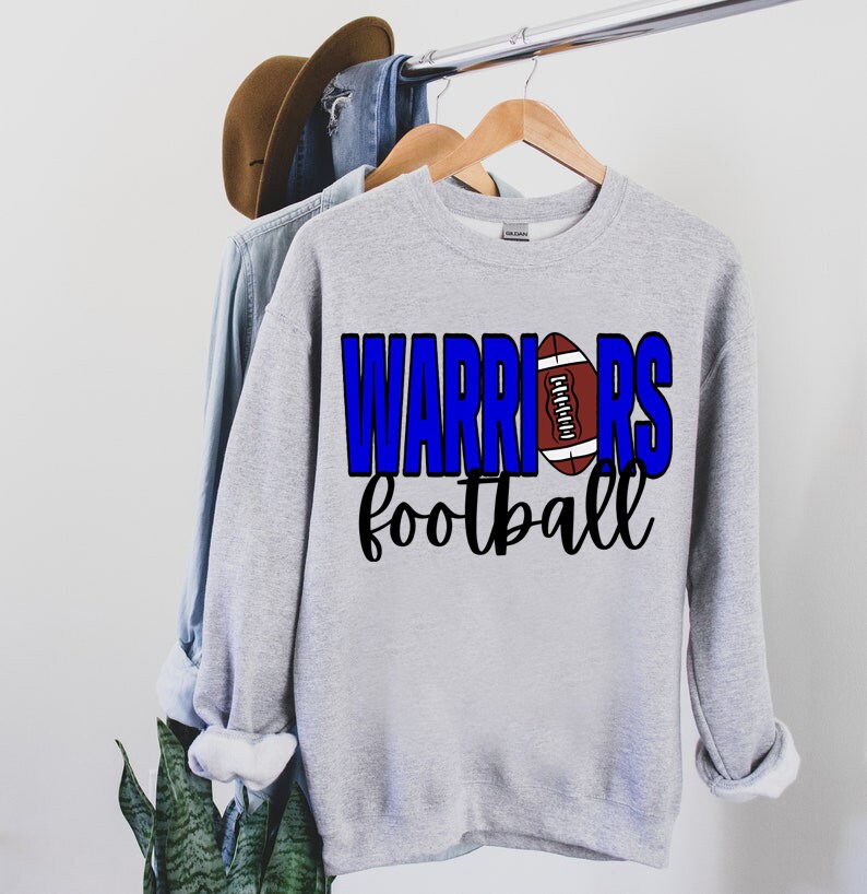 'Warriors Football' Bold Blue Letters with Stylized Brown Pigskin ...