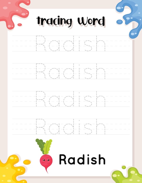 Colorful Tracing Worksheet for the Word 'Radish' | Jiffy Designs