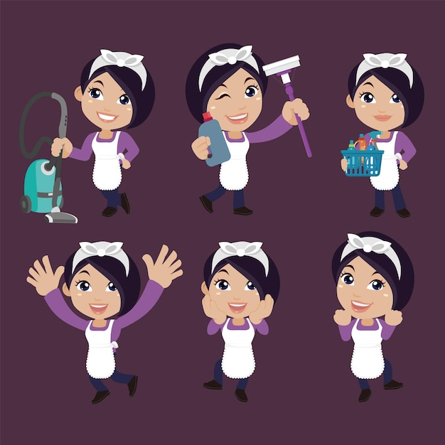 Cheerful Maid Characters in Diverse Cleaning Poses | Jiffy Designs