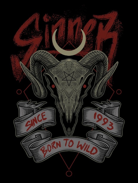 Grungy Demonic Ram Skull with Horns and Occult Symbols | Jiffy Designs