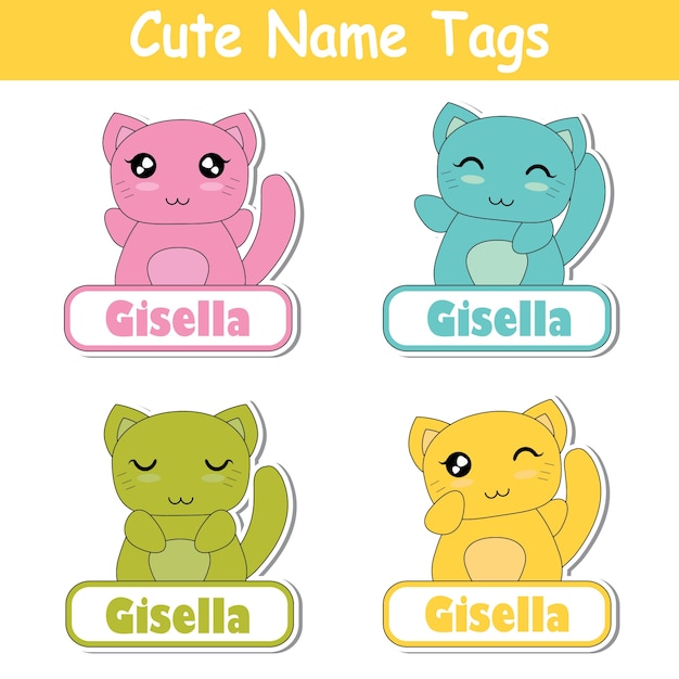 Adorable Illustrated Cat Name Tags in Vibrant Color Palette | Jiffy Designs