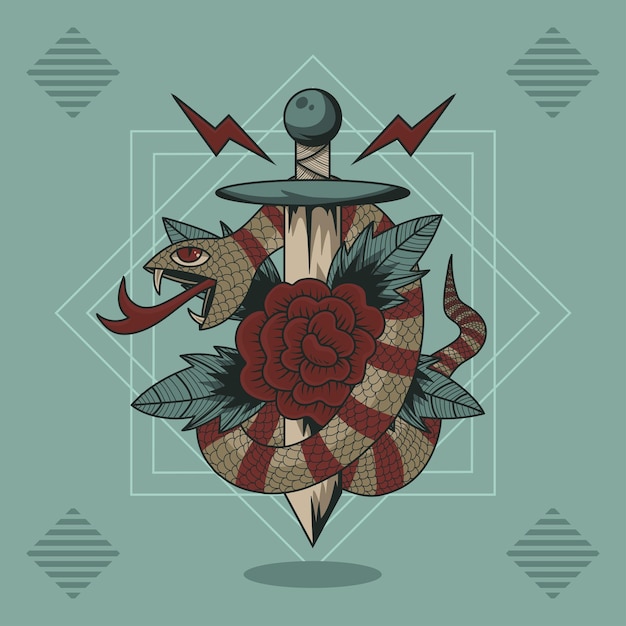 Vibrant Floral Dagger Emblem with Geometric Patterns | Jiffy Designs