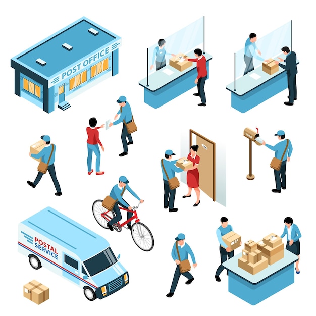 Vibrant Isometric Postal Office Scene with People and Delivery Services ...