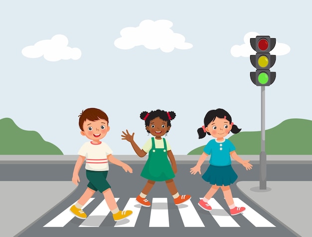 Three Diverse Children Crossing Busy Street at Crosswalk | Jiffy Designs
