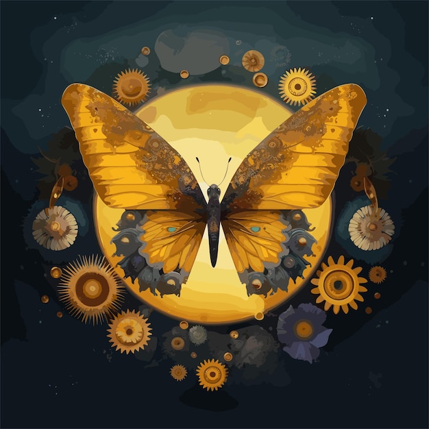 Celestial Butterfly Composition with Radiant Sun and Gears | Jiffy Designs