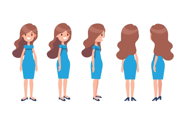 Girl Woman in dress front side back view flat vector character for ...