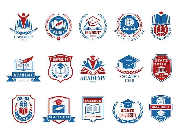 Diverse Collegiate Emblems with Scholarly Symbols and Textual Elements ...