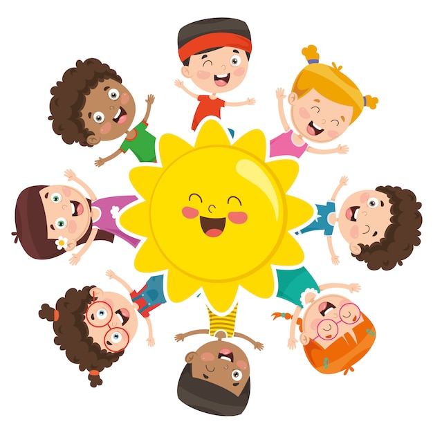 Happy Children Surrounding a Cheerful Smiling Sun Illustration | Jiffy ...