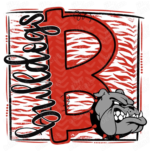'Bulldogs' Bold Red Letter R with Fierce Canine Mascot | Jiffy Designs