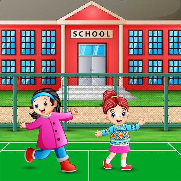 Cheerful Students Enjoying Recess at the Vibrant School Building ...