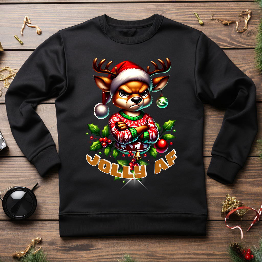 'Jolly AF' Grumpy Reindeer in Santa Hat and Festive Sweater | Jiffy Designs