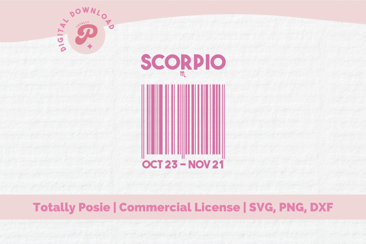 'Scorpio' Zodiac Sign with Barcode in Bold Pink Typography | Jiffy Designs