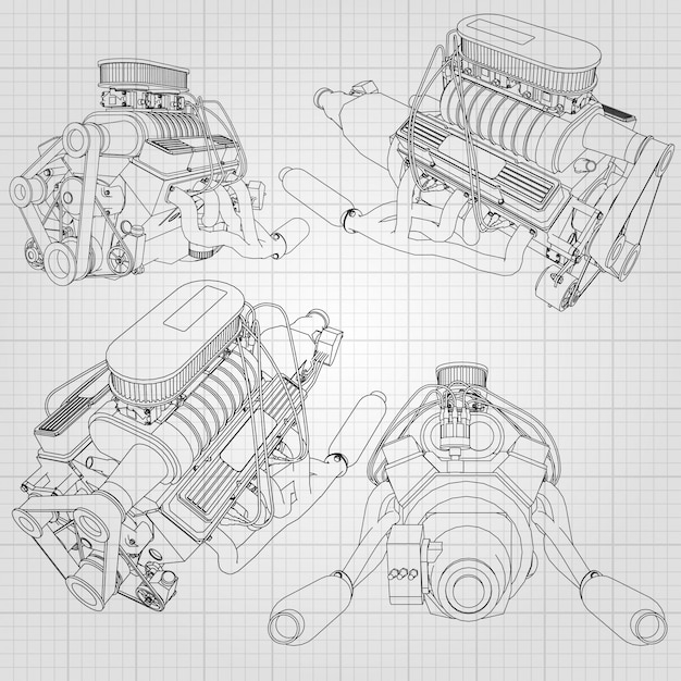 Detailed Sketch of Powerful Car Engines in Technical Drawing | Jiffy ...