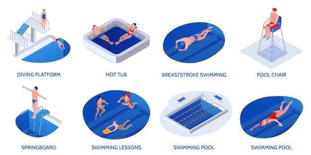 Isometric Swimming Pool Accessories and Activity Illustrations ...