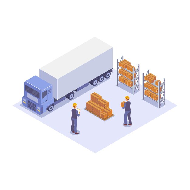 Busy Logistics Hub: Delivery Truck, Warehouse Workers, and Stacked ...