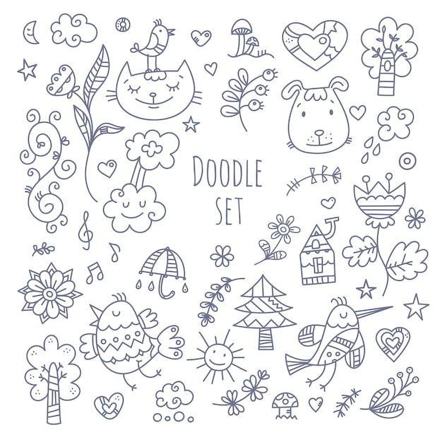 Whimsical Nature Doodles Collection with Animals and Floral Elements ...