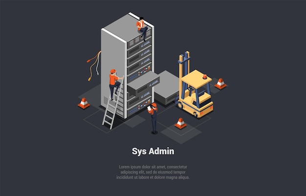 Isometric Illustration of a Busy System Administrator's Workspace ...