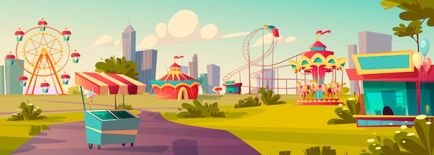 Vibrant Amusement Park Scene with Iconic Attractions | Jiffy Designs