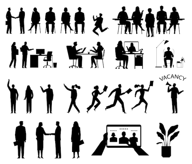 Diverse Silhouettes of People in Various Workplace Scenes | Jiffy Designs