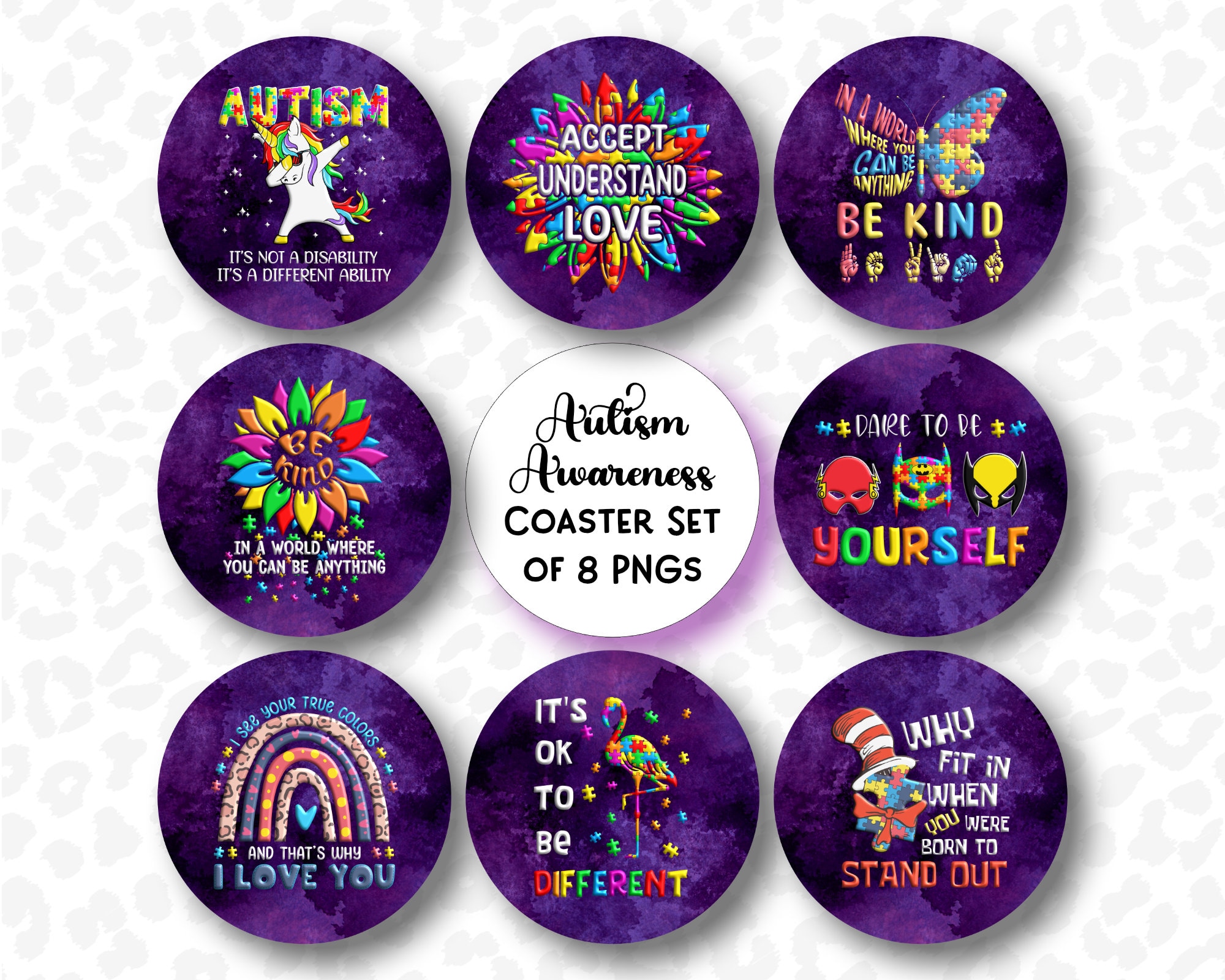 Autism Coaster PNG, Set of 8 Autism Awareness Car Coaster PNGs, Coaster ...