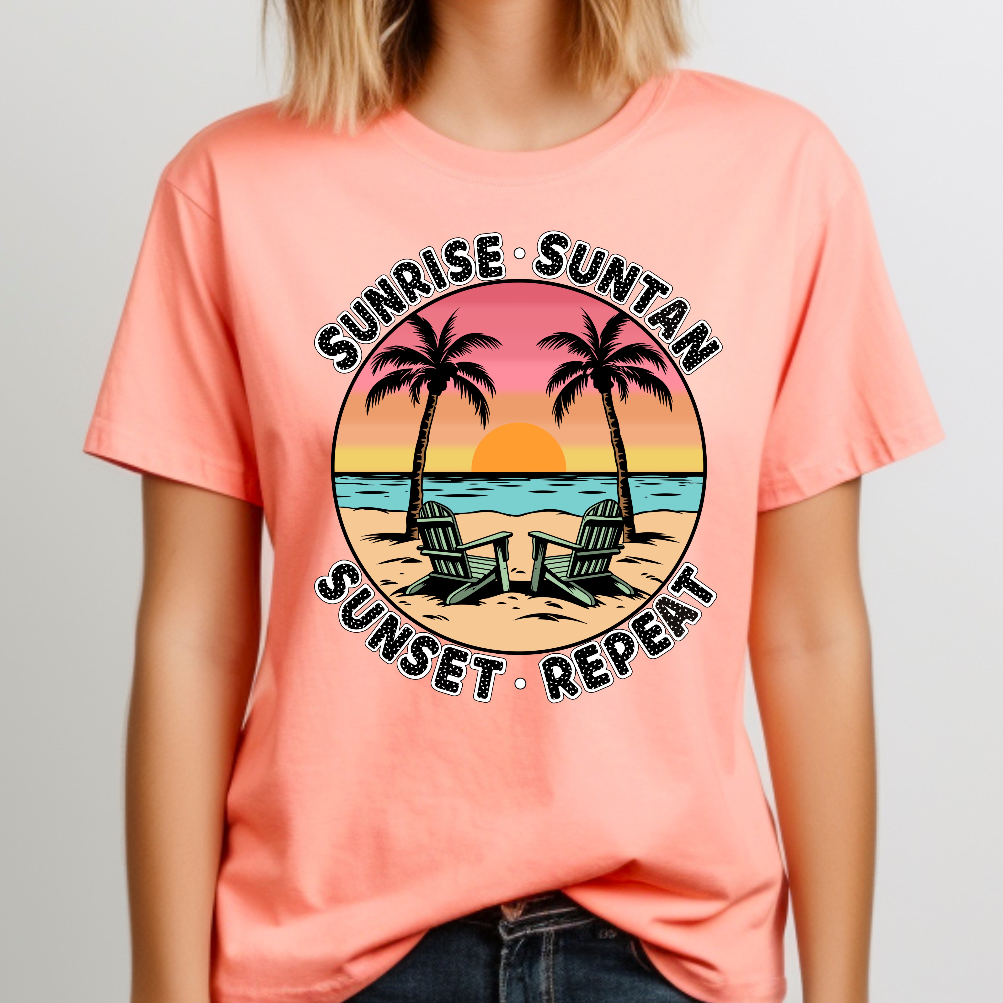 'Sunrise Suntan Sunset Repeat' Tropical Beach Scene with Vibrant Sunset ...