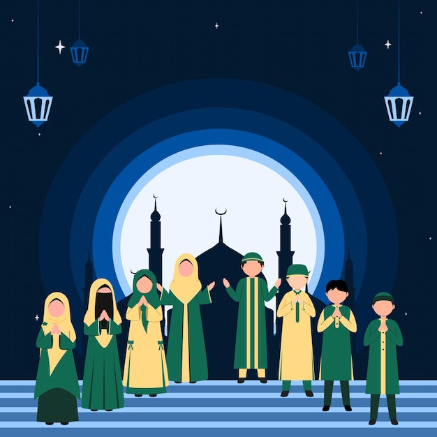 Vibrant Silhouettes of Islamic Figures in Starry Night Sky | Jiffy Designs