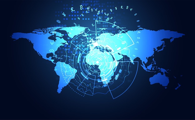 Glowing Digital World Map with Concentric Data Rings | Jiffy Designs