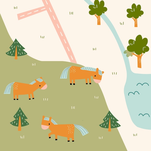 Whimsical Forest Landscape with Playful Horses | Jiffy Designs