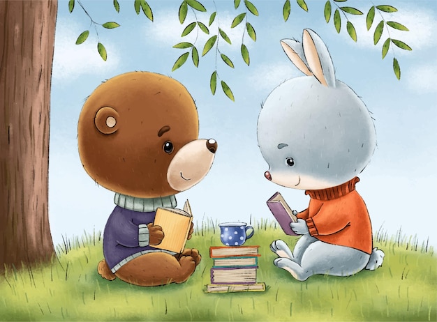 Cute Bear and Bunny Reading Books Under Tree Illustration | Jiffy Designs