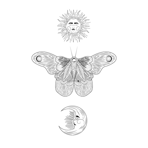 Ethereal Celestial Moth and Sun Symbols in Monochrome | Jiffy Designs