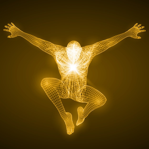 Radiant Wireframe Figure in Energetic Pose | Jiffy Designs
