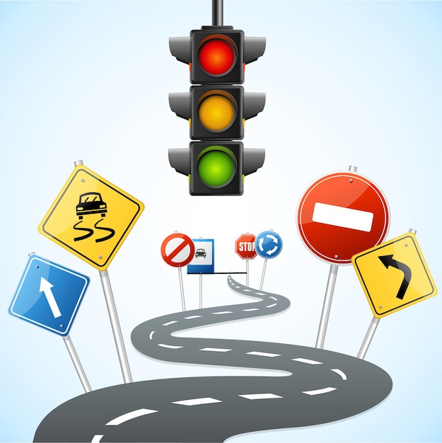 Vibrant Traffic Signals and Road Signs on Winding Path | Jiffy Designs