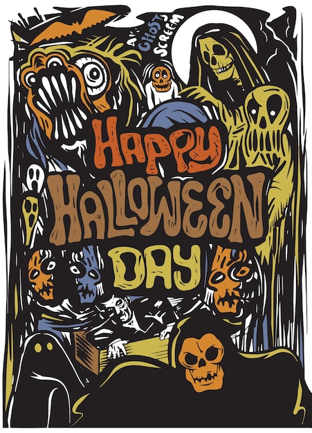 Spooky Halloween Day Illustration with Grinning Creatures and Text ...