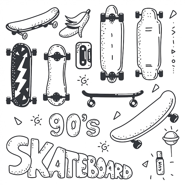 Retro 90s Skateboard Elements Illustrated in Black and White | Jiffy ...