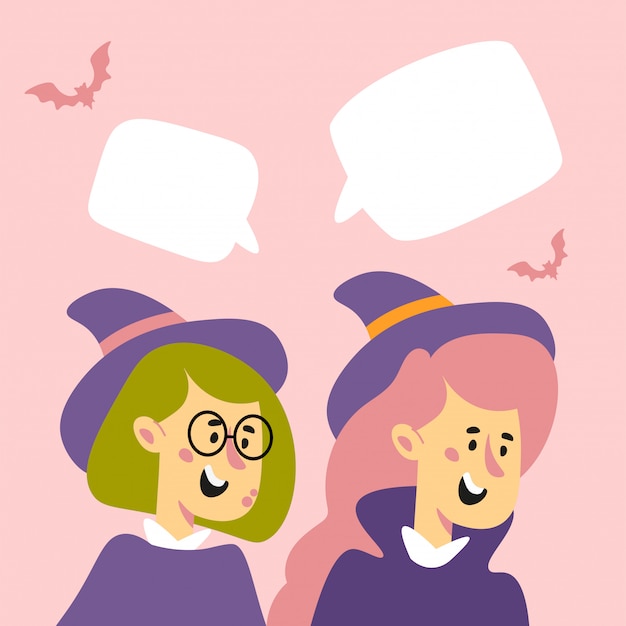 Two Smiling Friends in Witch Hats Chatting | Jiffy Designs