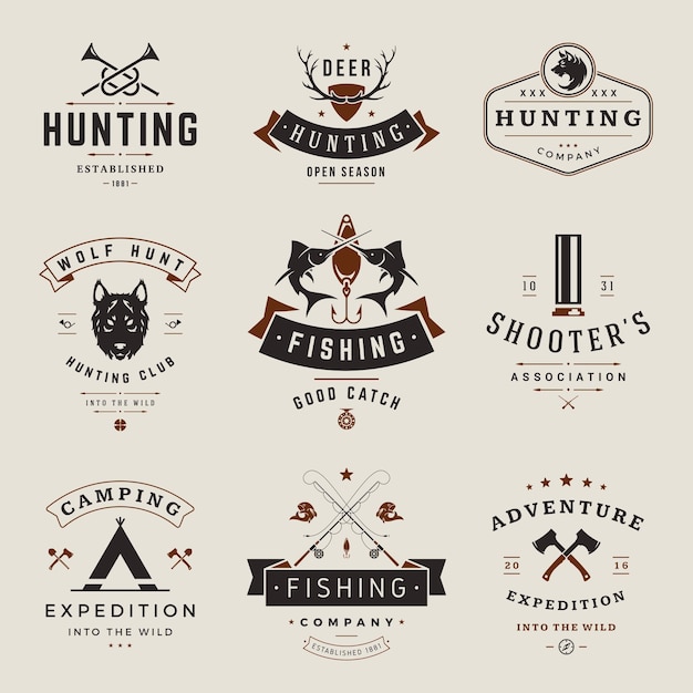 Vintage Outdoor Adventure Emblem Collection with Hunting and Fishing ...