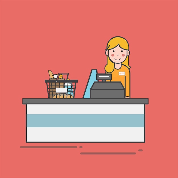 Smiling Cashier at Checkout Counter with Shopping Basket | Jiffy Designs