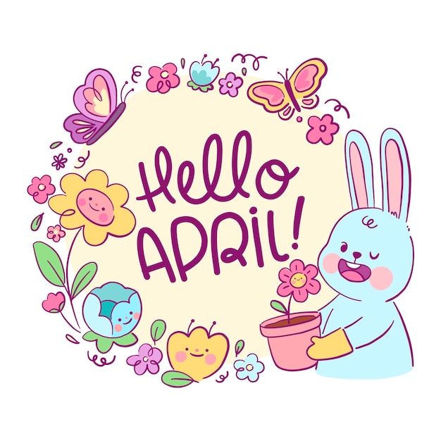 Vibrant 'Hello April' Illustration with Flowers and Bunny | Jiffy Designs