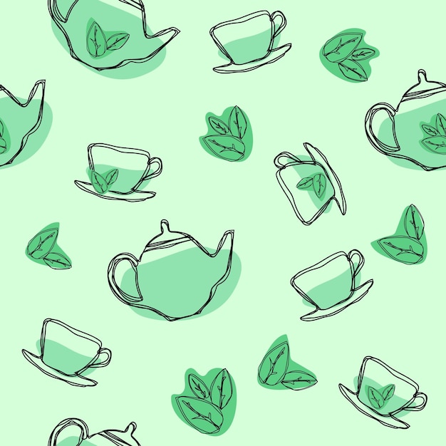 Elegant Green Tea Motif with Teapots and Leaves | Jiffy Designs